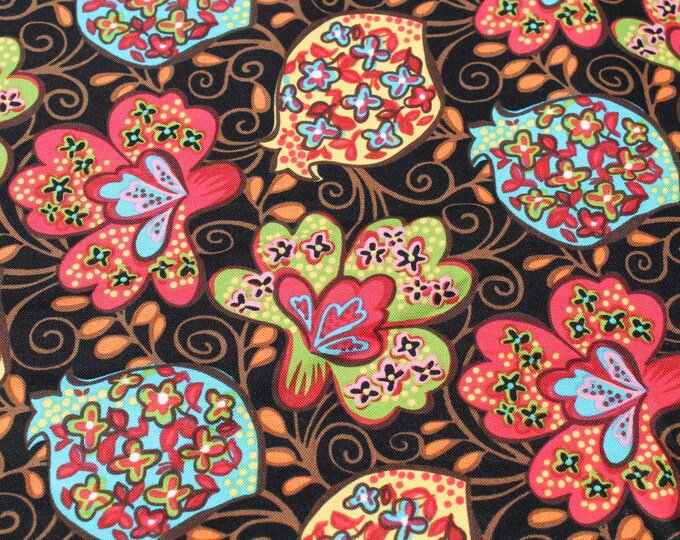 Abstract Colorful Floral Print Cotton Fabric, Green Red Turquoise on ...