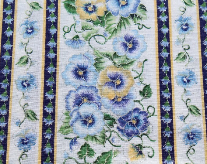 Silver Rimmed Blue Pansy Floral Print Cotton Fabric by Faye Burgos for ...
