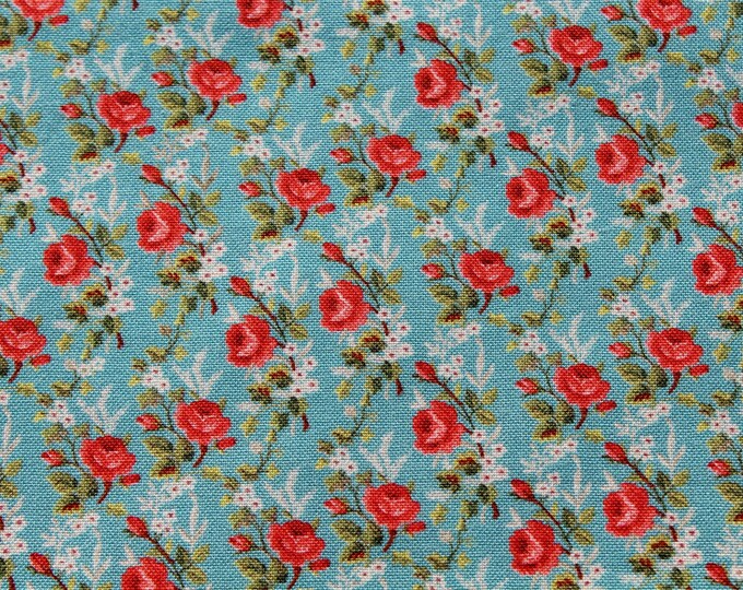 Moda Small Red Roses on Turquoise Blue 100% Cotton Fabric by the Yard ...