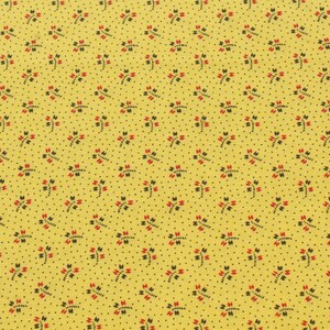 Tiny Red & Black Floral Print on Sunshine Yellow Cotton Fabric by the ...
