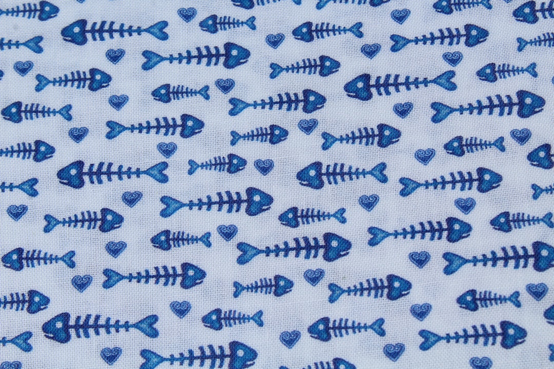 Blue Fish Bone Print Cotton Fabric - Kitty City Andi Metz Benartex - Etsy
