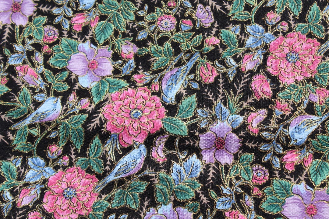 Blue Bird & Pink Gold Rimmed Floral Print Cotton Fabric - Fat Quarter ...