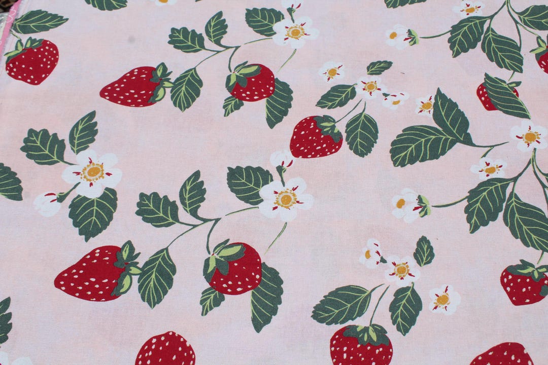Large Red Pink Strawberry & Flower Print on Pink Lightweight Cotton ...