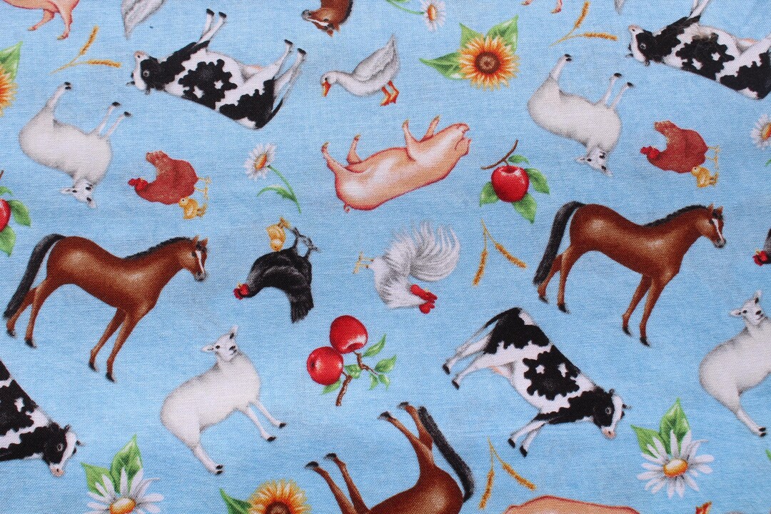 Barnyard Farm Animals on Light Blue Cotton Fabric by the Half Yard ...