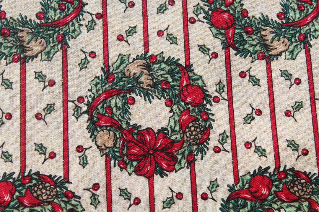 Christmas Wreath Fabric, Red Green Natural White, Stocking Holiday ...