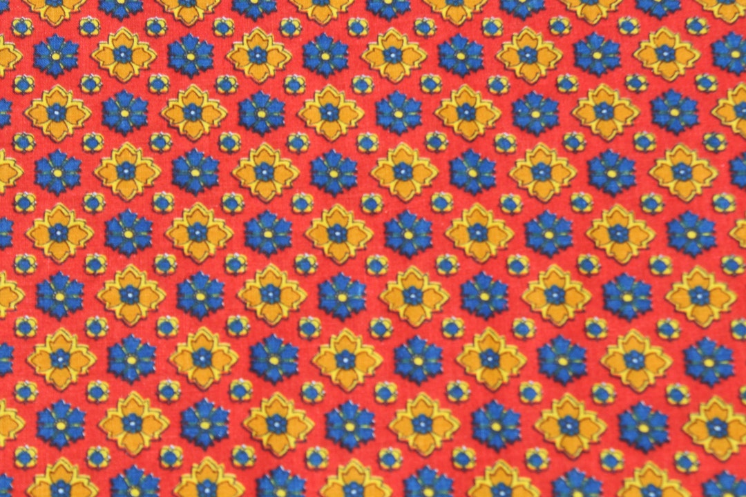 Vintage Floral Mustard Yellow Blue Floral Print on Red Cotton Fabric ...