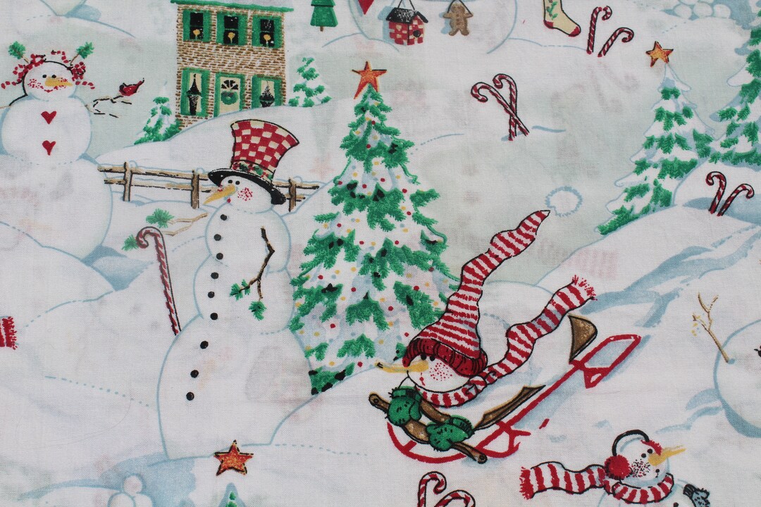 Funky Snowman Christmas Cotton Fabric Blue White Red Cloth - Etsy