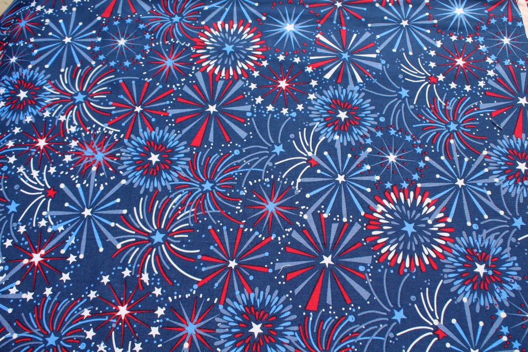 Red Blue White Firework Burst Print 100% Cotton Fabric Remnant ...