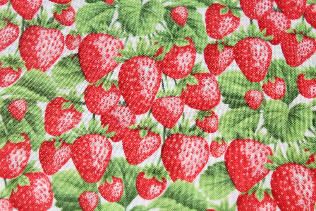 Red Strawberry Print Cotton Fabric Green Leaves Half Yard - Etsy