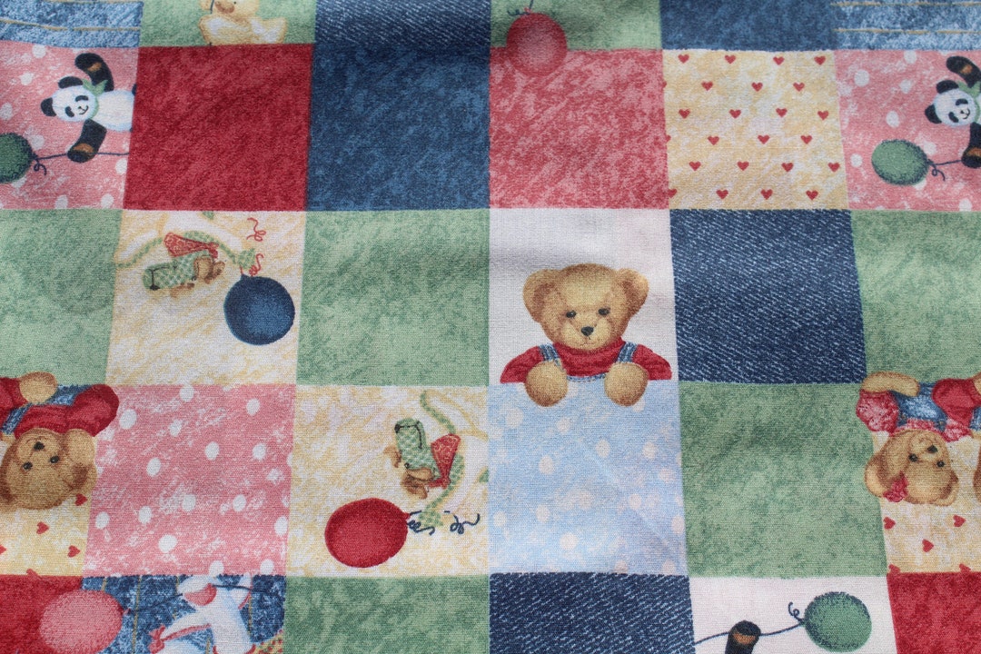 Patchwork Teddy Bear Fabric by the Yard, Red Blue Puppy Dog, Bunny ...