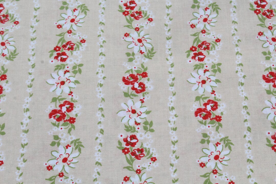 Red, Green & White Flowes on Cream Border Stripe 100% Cotton by the ...
