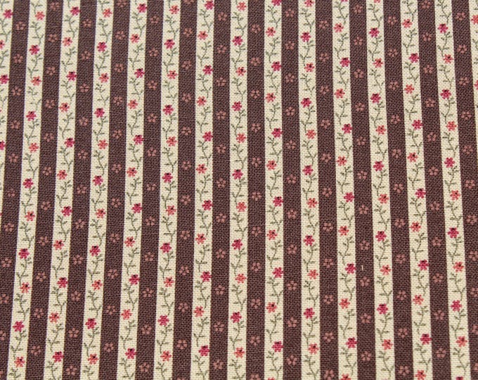 Brown & Red Tiny Calico Floral Print Stripe Border Fabric by the Half ...