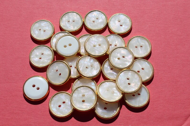 Gold Rimmed Faux Shell Buttons, Fancy Ivory Color Round Plastic NOS 3/4 ...