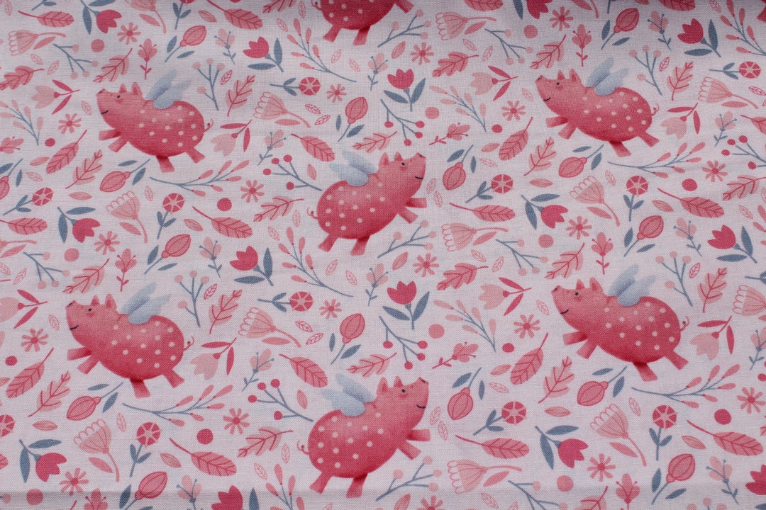 Flying Pig Pastel Pink 100% Cotton Fabric by the Yard, Porkopolis ...