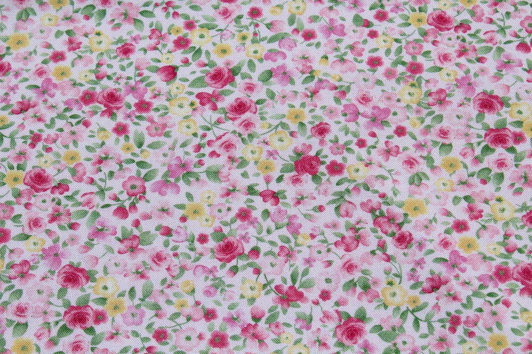 Cottage Rose Floral Print Fabric: Pink, Yellow, Green Watercolor ...