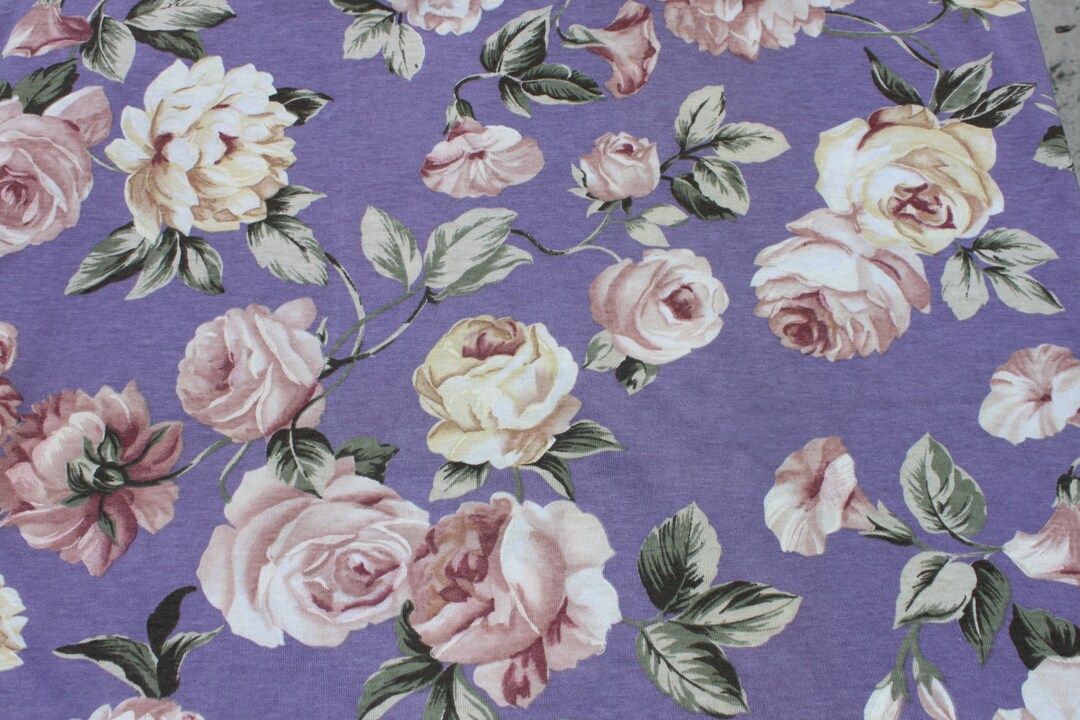 Pink & Cream Rose Flower Jersey Knit T-shirt Fabric on Lavender Purple ...