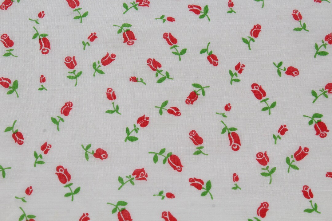 Red Small Rose Bud Semi-sheer Fabric on White by the Yard, Lightweight ...