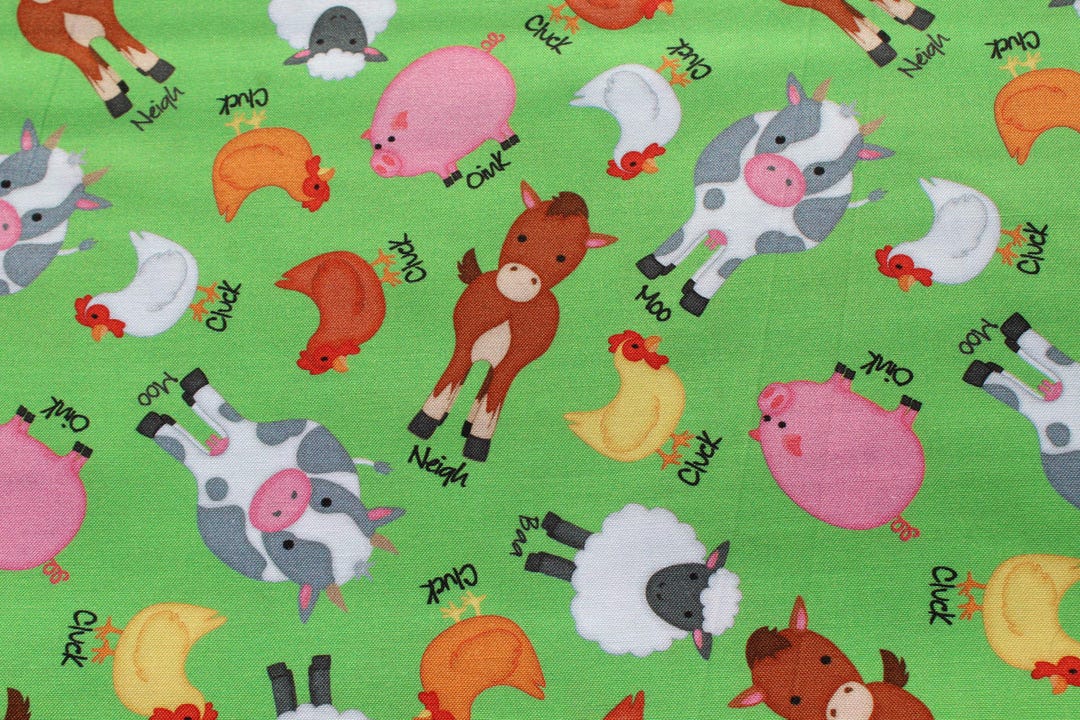 Barnyard Farm Animals on Green Cotton Fabric by the Half Yard, Blank ...