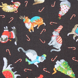 Tossed Anthropomorphic Cats With Christmas Hats Fabric by the Yard, 100 ...