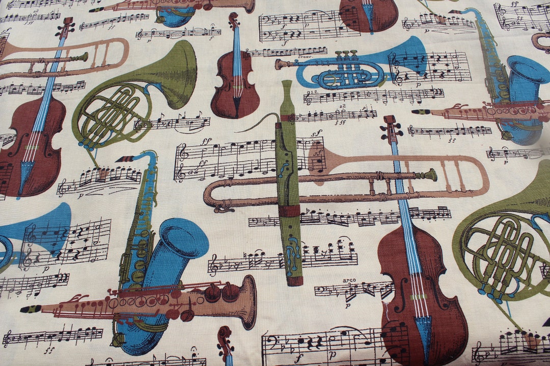 Retro Music Note & Instrument Cotton Fabric by the Yard, Trumpet ...