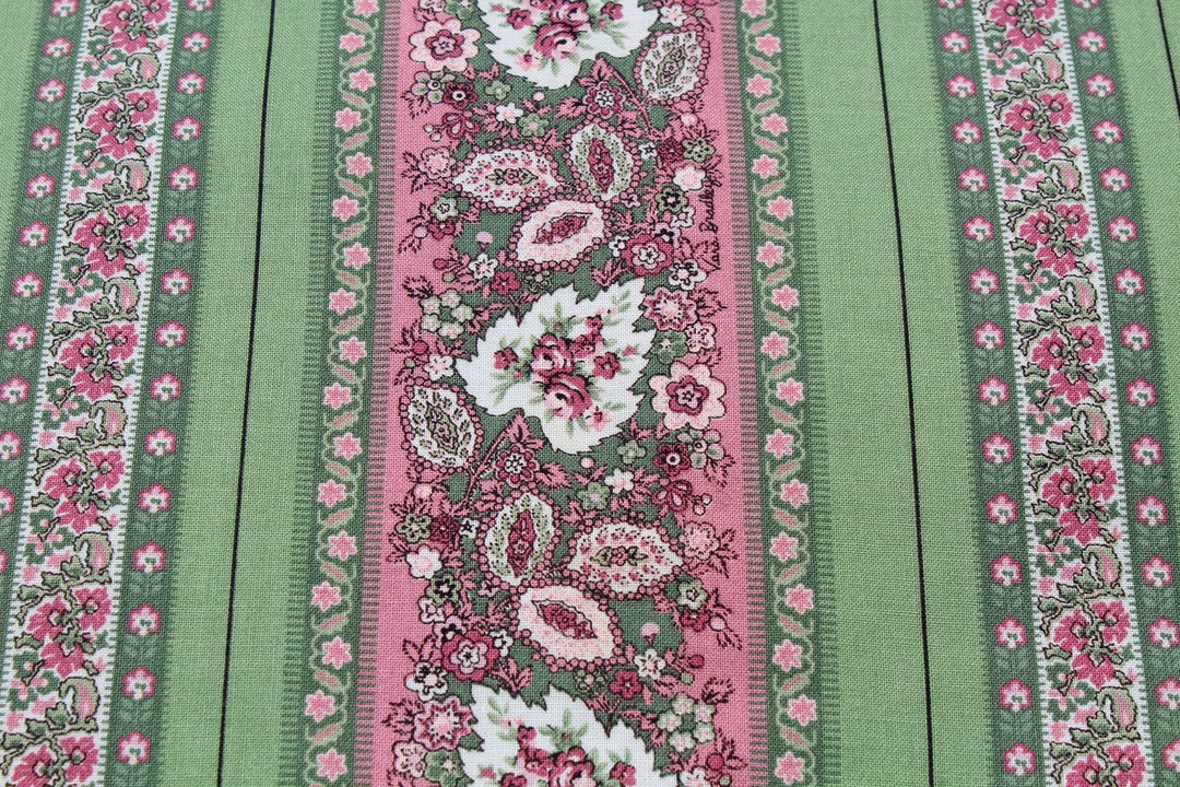 Striped Floral Border Print Cotton Fabric With Pink Rose on Green ...