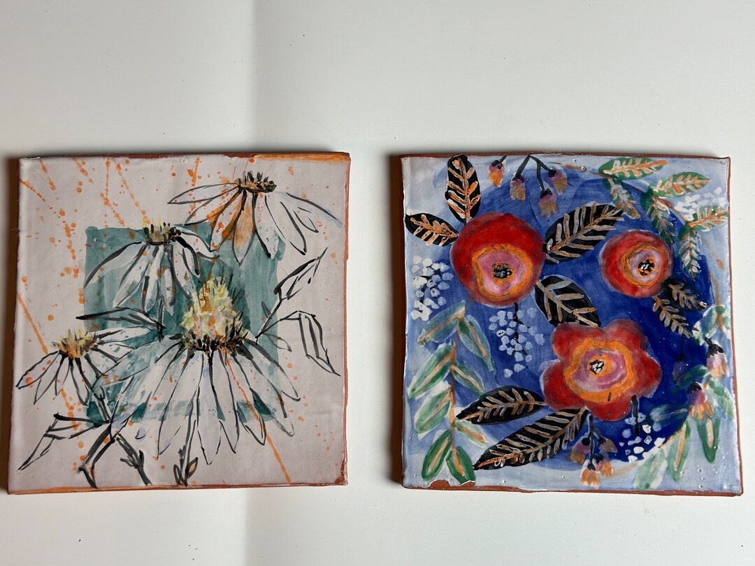 Ceramic Handmade Hand Painted Tile, Floral Design Coaster, Assemblage ...
