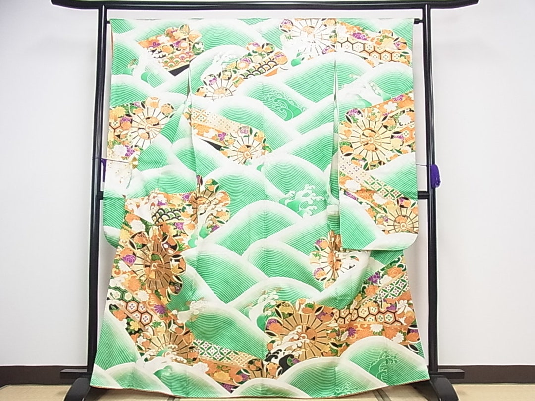 Vintage Green and Gold Silk Furisode Kimono - Etsy