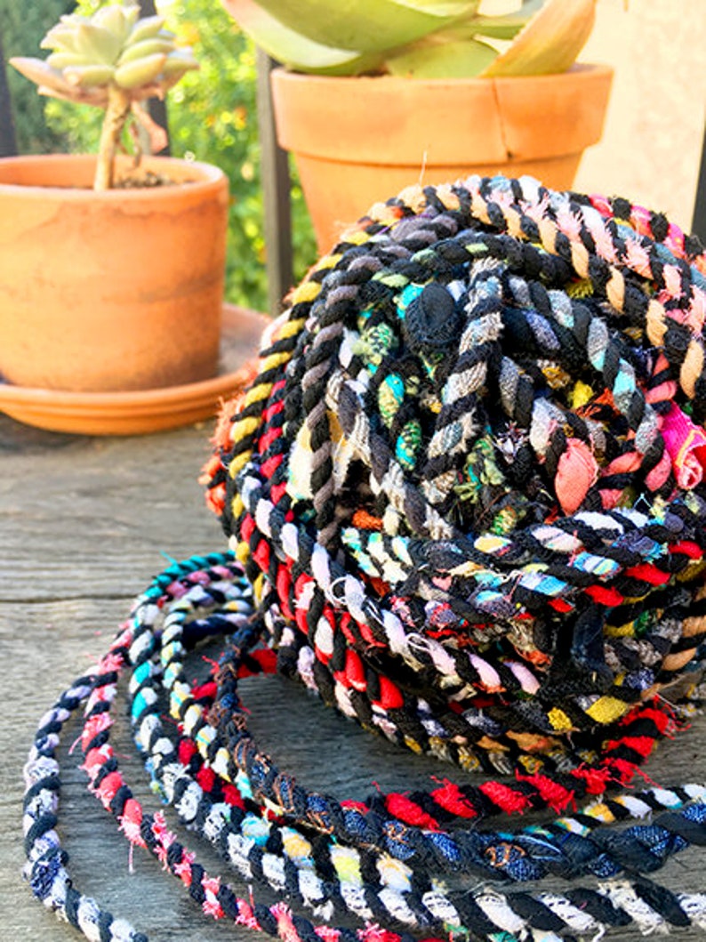Upcycled Multi Color Black Fabric Rag Rope by the Yard, Scrap Fabric ...