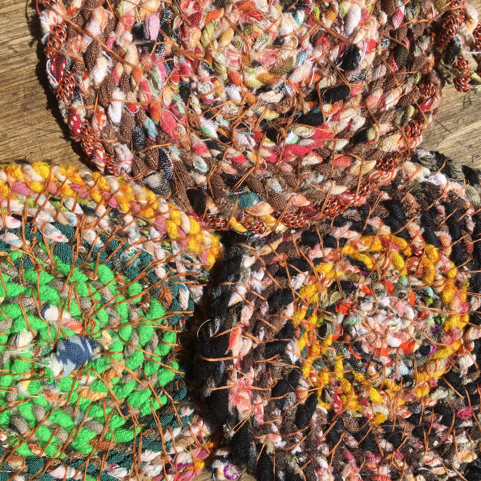Set of 3 Rag Rope Fabric Coasters, Hanging Art, Round Boho Coaster ...