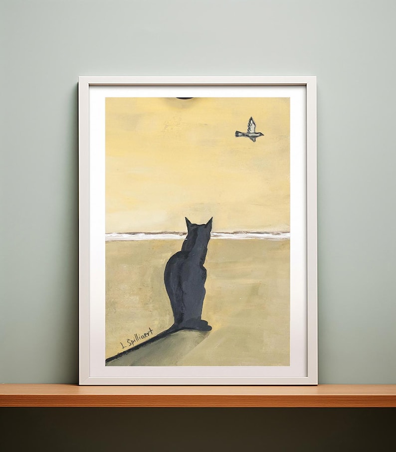 Leon Spilliaert Cat Art Print: Black Cat on Beach, Bird Flying - Etsy