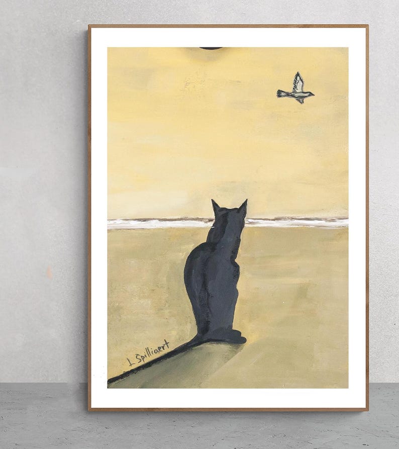 Leon Spilliaert Cat Art Print: Black Cat on Beach, Bird Flying - Etsy
