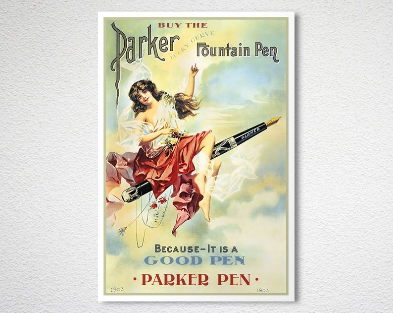 Parker Pen, Fountain Pen Vintage Poster, Retro Wall Art, Figurative ...