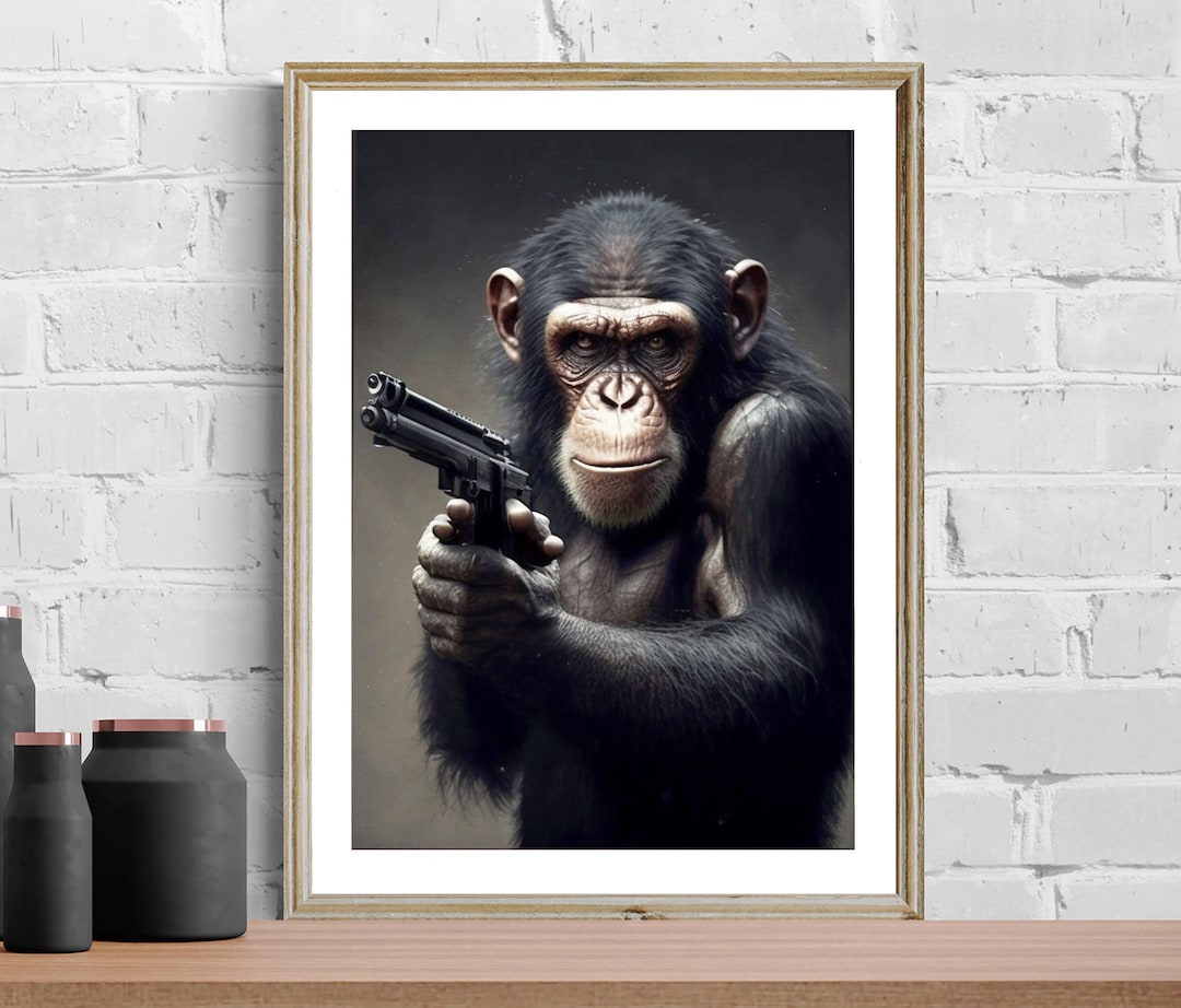 Chimpanzee With Gun Fine Art Print - Animal Art, Chimpanzee Poster ...