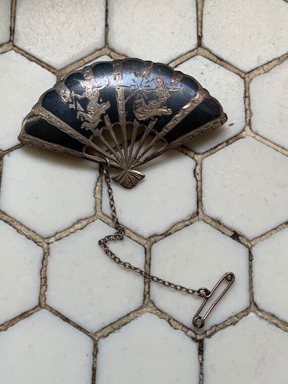 Antique Enamel Black & Silver Fan Brooch Pin Made in … - Gem