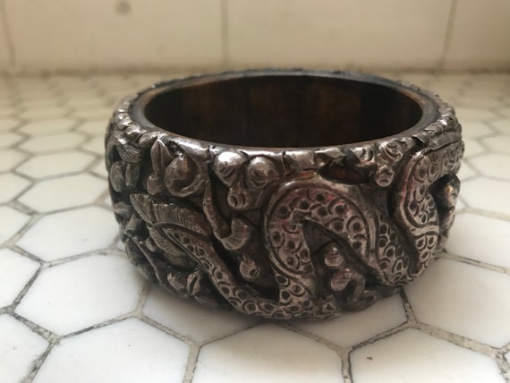 Bone & Silver Dragon Snake Dragon Bangle Bracelet - Gem