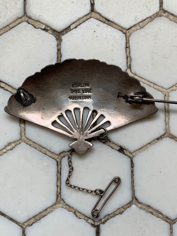 Antique Enamel Black & Silver Fan Brooch Pin Made in … - Gem