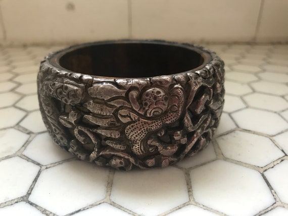 Bone & Silver Dragon Snake Dragon Bangle Bracelet - Gem