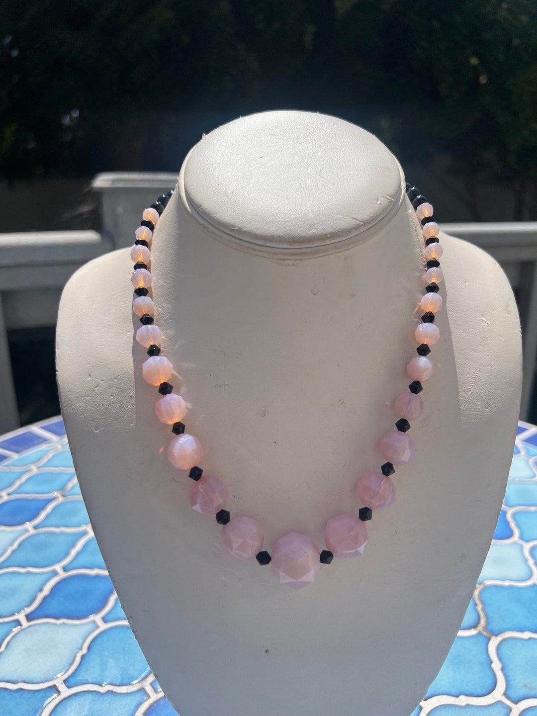 1940’s Vintage Rose Quartz Jet Bead Choker Necklace - Etsy