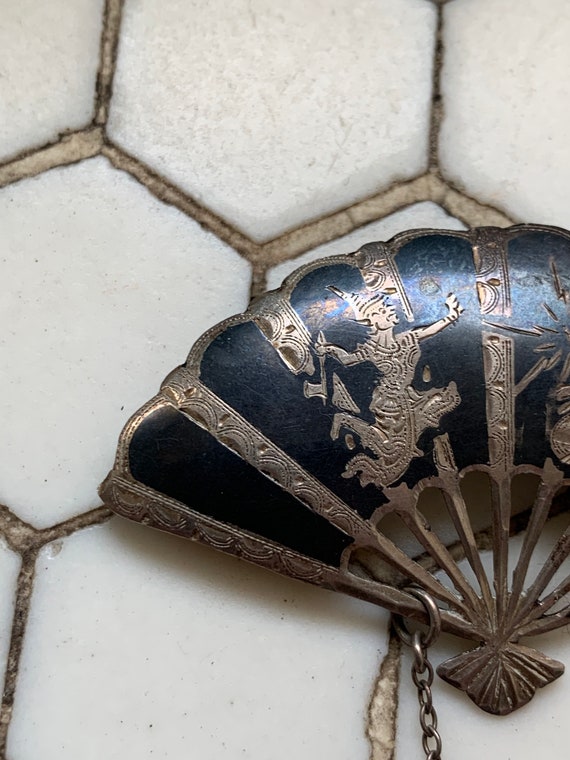 Antique Enamel Black & Silver Fan Brooch Pin Made in … - Gem