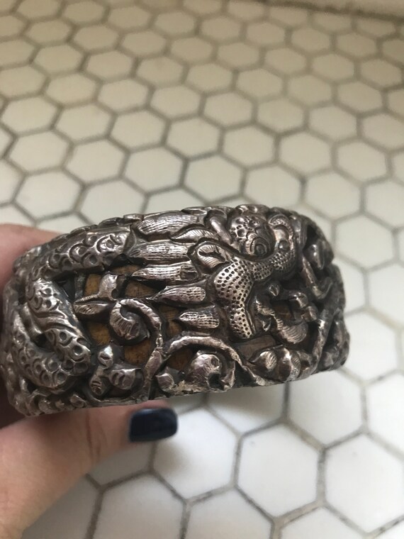Bone & Silver Dragon Snake Dragon Bangle Bracelet - Gem