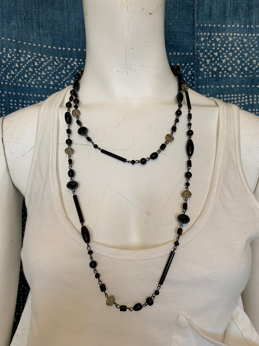 Gorgeous Antique Black Jet Bead and Smokey Crystal Long Necklace - Etsy