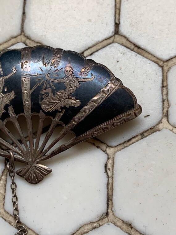 Antique Enamel Black & Silver Fan Brooch Pin Made in … - Gem