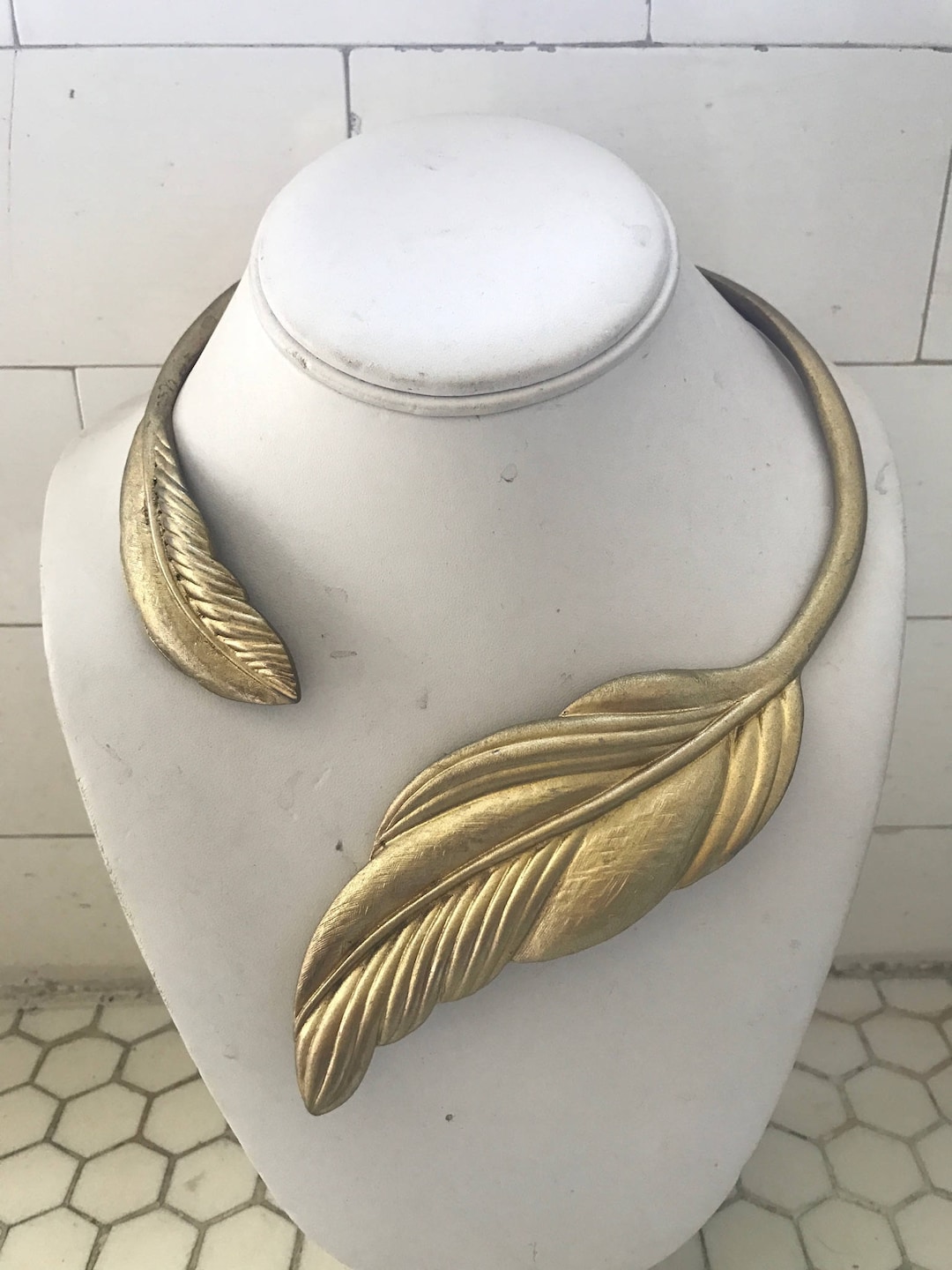 Vintage Avant Garde Gold Metal Leaf Collar Modernist Necklace Stamped ...