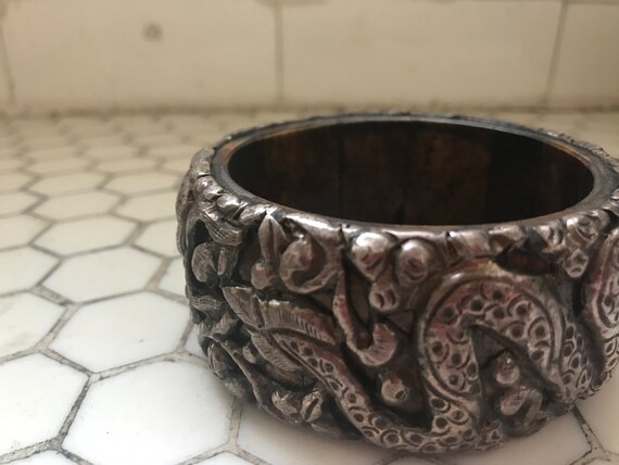 Bone & Silver Dragon Snake Dragon Bangle Bracelet - Gem