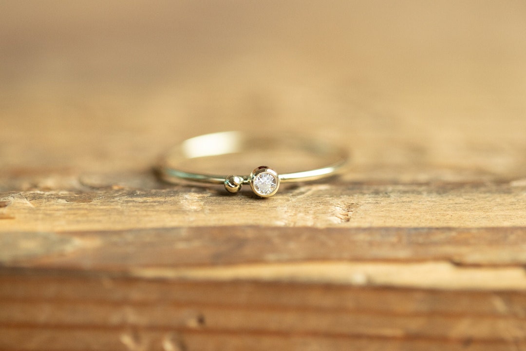 14k Solid Gold Ring With a Small Diamond and Golden Ball - Etsy