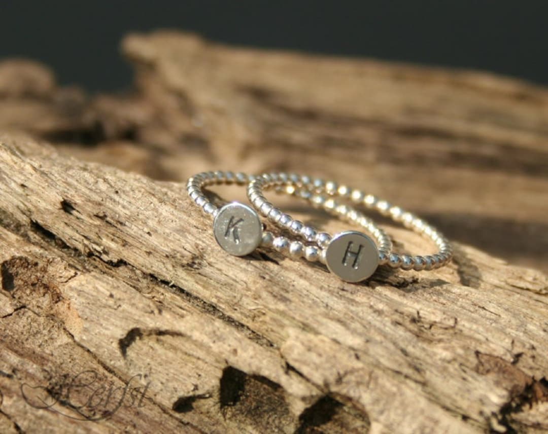Personalized Minimalist TWO Initial Rings, Sterling Silver, Hand Stamped, Initials, Personalized ...
