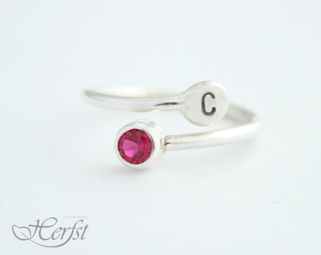 Initial Ring With Birthstone, Sterling Silver, Hand Stamped, Initials ...