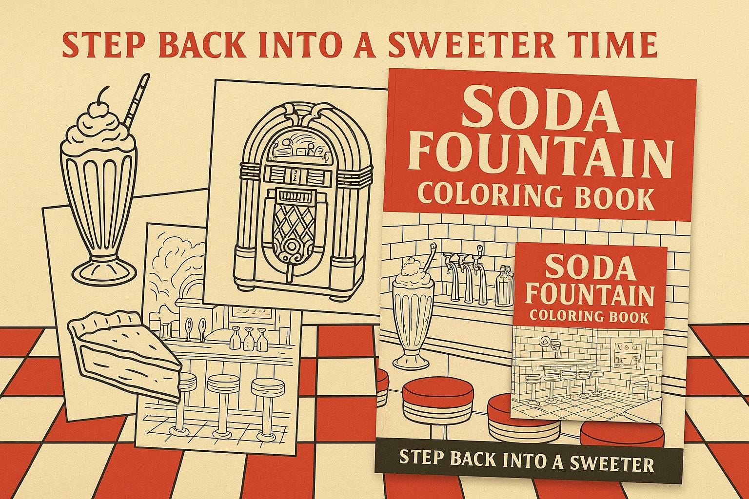 1950s Diner Coloring Book Printable Vintage Soda Fountain Retro Mid ...