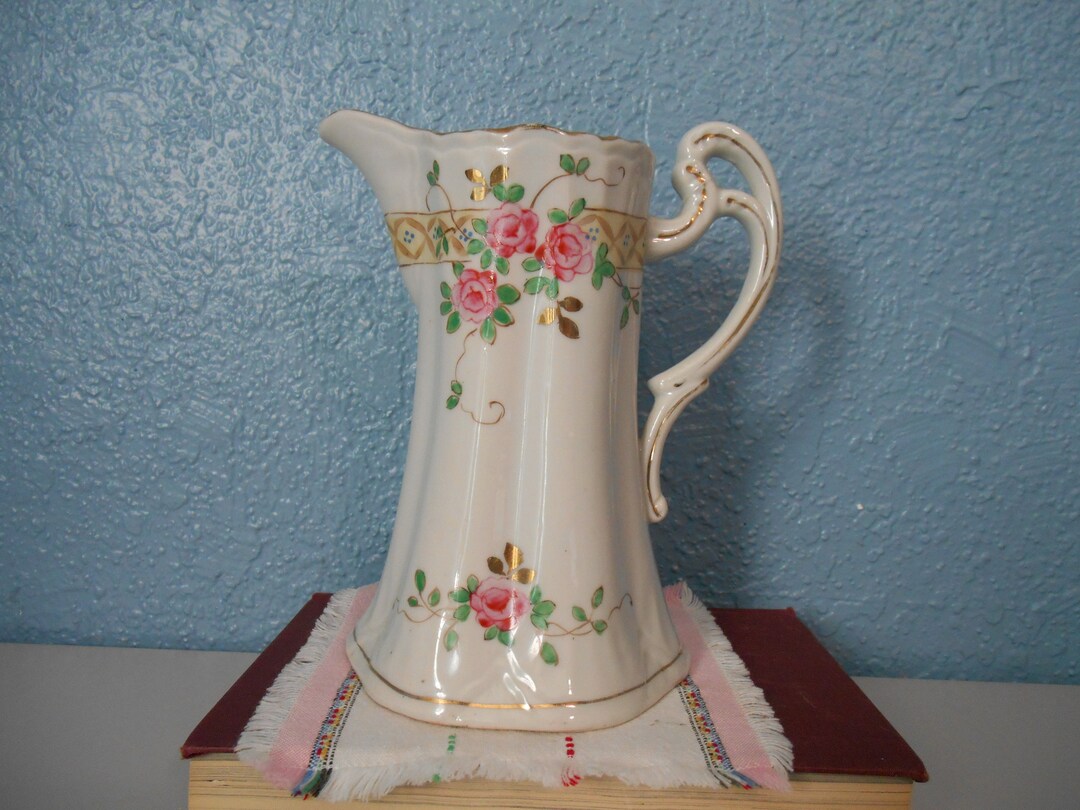 Japan Tall Pitcher With Gold Details and Pink Roses, Collectible ...