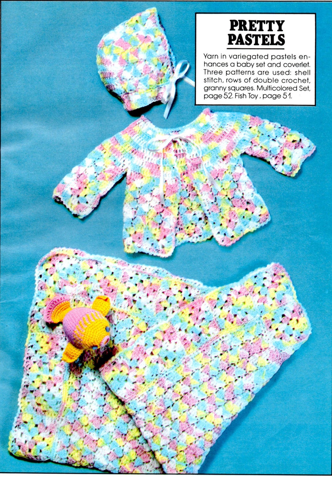 Crochet Pattern Shell Stitch Baby Sweater, Hat, Blanket and Fish Toy ...